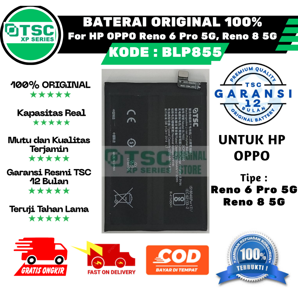 Jual TSC BATERAI ORIGINAL 100% BLP855, BATTERY BATRE OPPO RENO 6 PRO ...