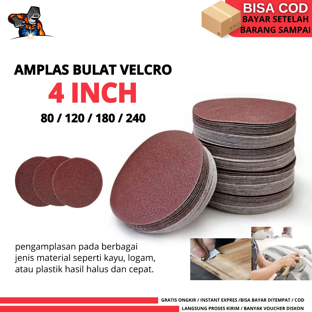 Jual Amplas Bulat Velcro 4inch Grit 80 120 180 240 Amplas Poles Besi ...