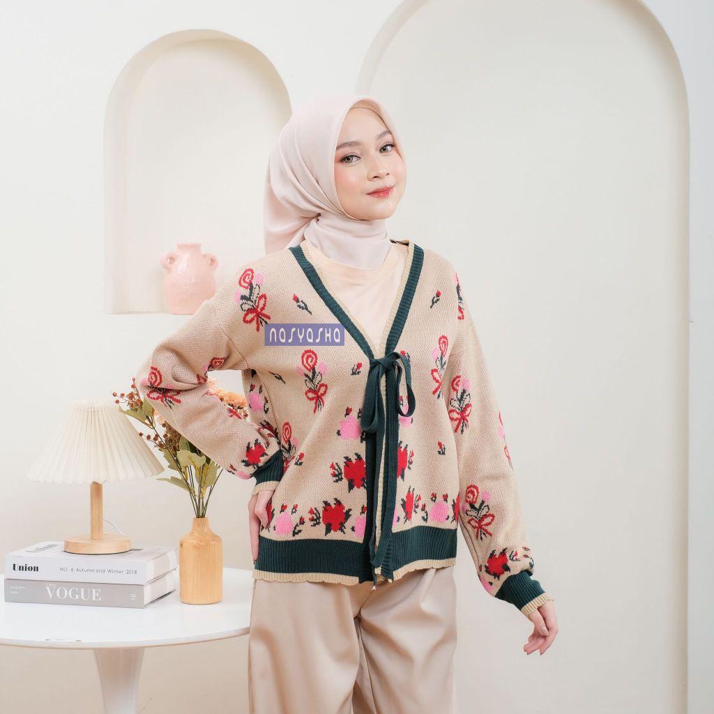 Jual Nasyasha - Mosela Knitwear Outer Tali Pita - Cardigan Wanita Motif Bunga Bahan Rajut ...
