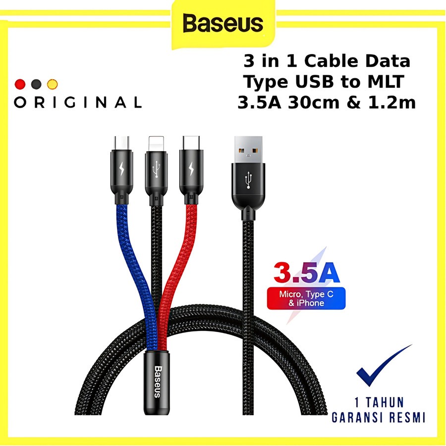 Jual BASEUS USB to multi 3in1 M+L+T Kabel 3.5A Type-C Micro Cable | Shopee Indonesia