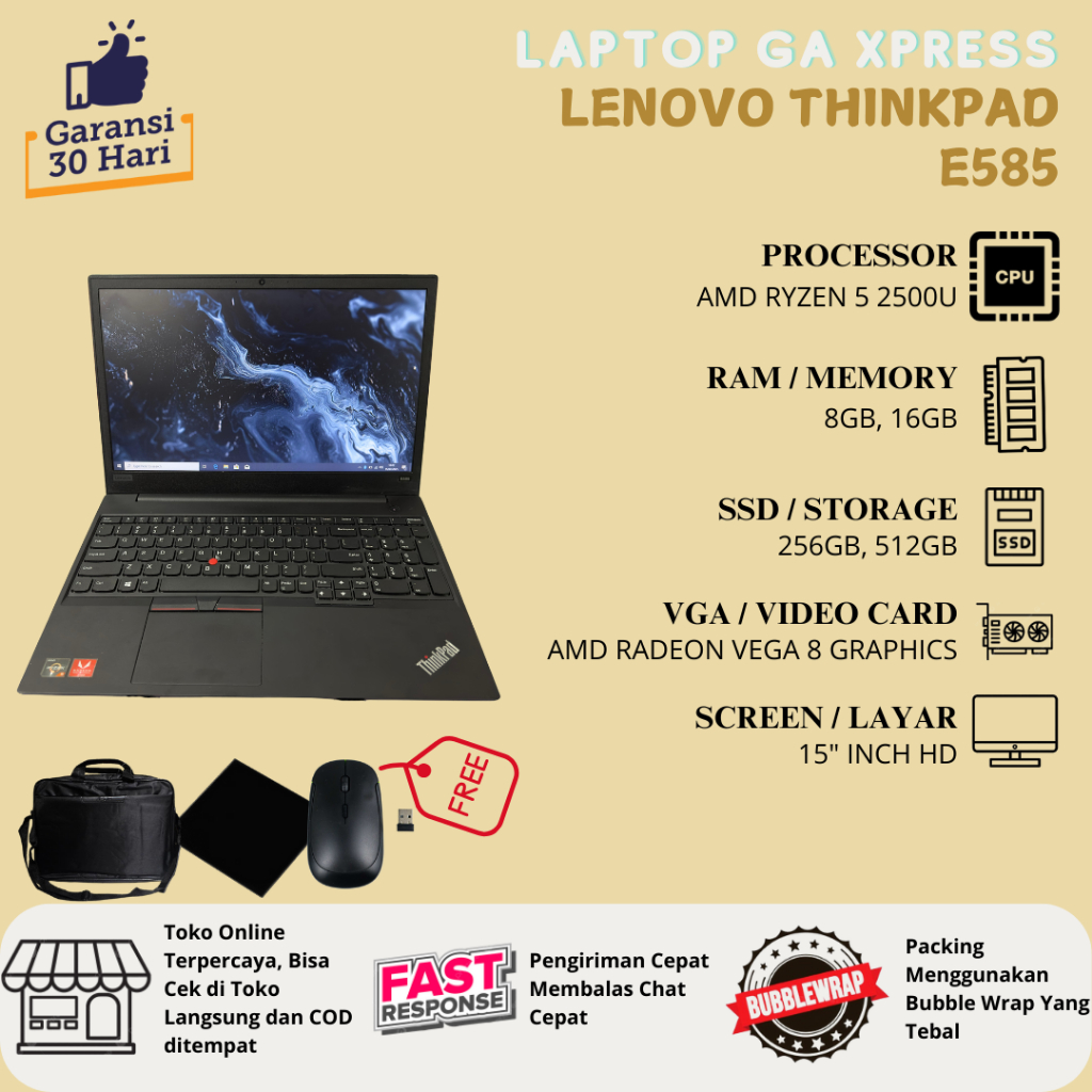 Jual Lenovo Thinkpad E585 AMD Ryzen 5 2500U Layar 15 Inch HD - RAM 8GB/16GB SSD 256GB/512GB ...