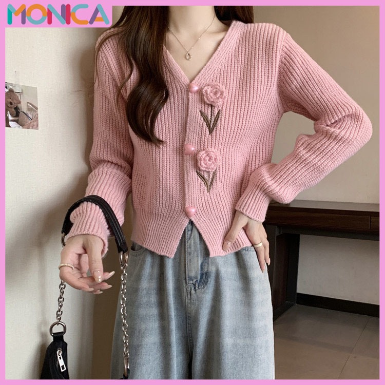 Jual Monica Cardigan Rajut Knitwear Rose Bunga Mawar Timbul Kancing ...