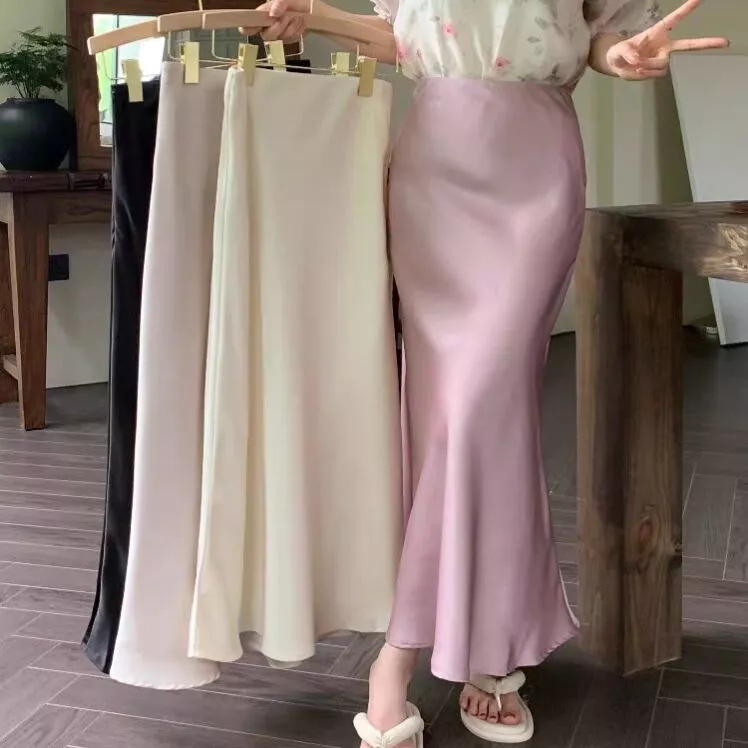 Jual Rok Maxi Satin S-6XL Rok Pensil Pinggang Tinggi Fishtail Panjang ...