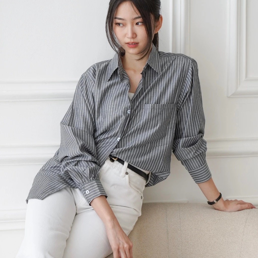 Jual Suzy shirt/Kemeja Salur Wanita/Kemeja Garis-Garis Lengan Panjang ...