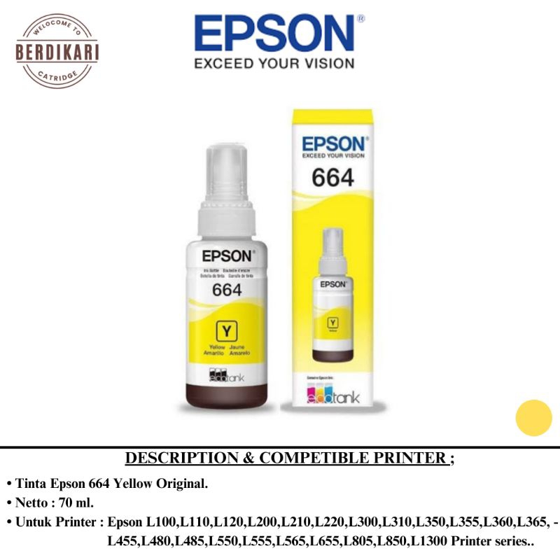 Jual Tinta Epson 664 Yellow Original for Epson L100 , L110 , L120 , L200 , L210 , L220 , L300 ...