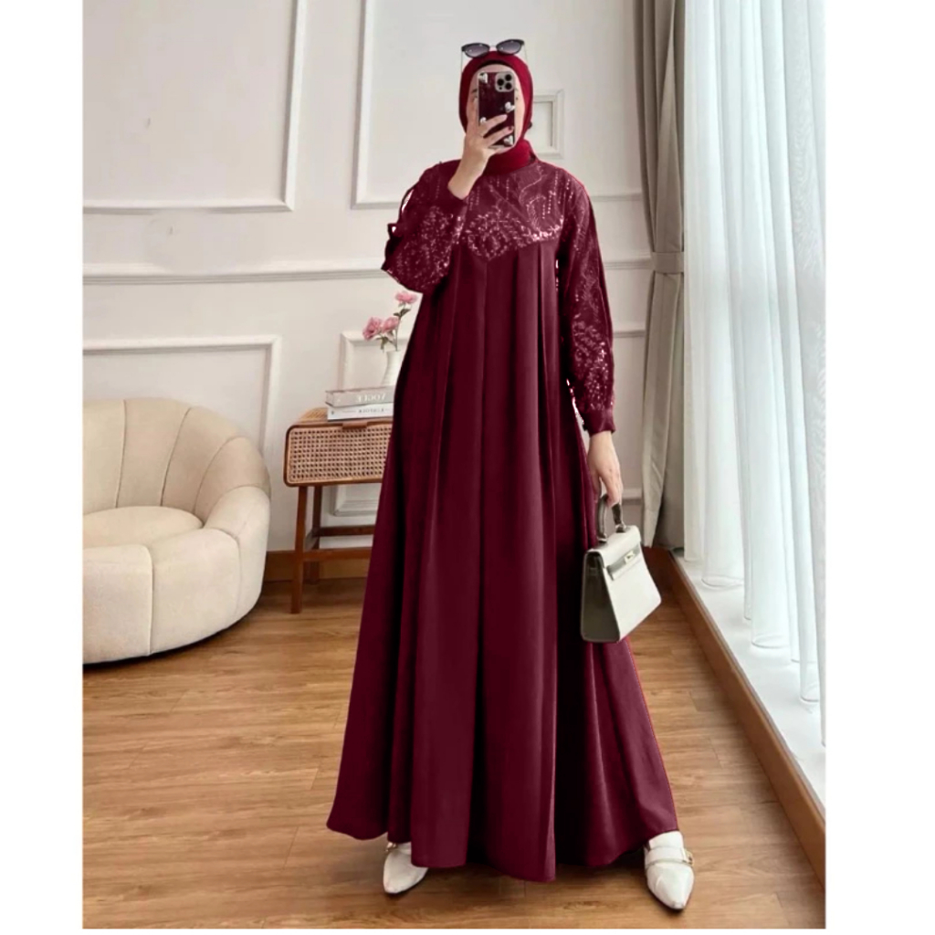 Jual GAMIS BROKAT KONDANGAN NADINE DRESS GAMIS BURGUNDY BAHAN CERUTY BABYDOLL MIX BROKAT TILE ...