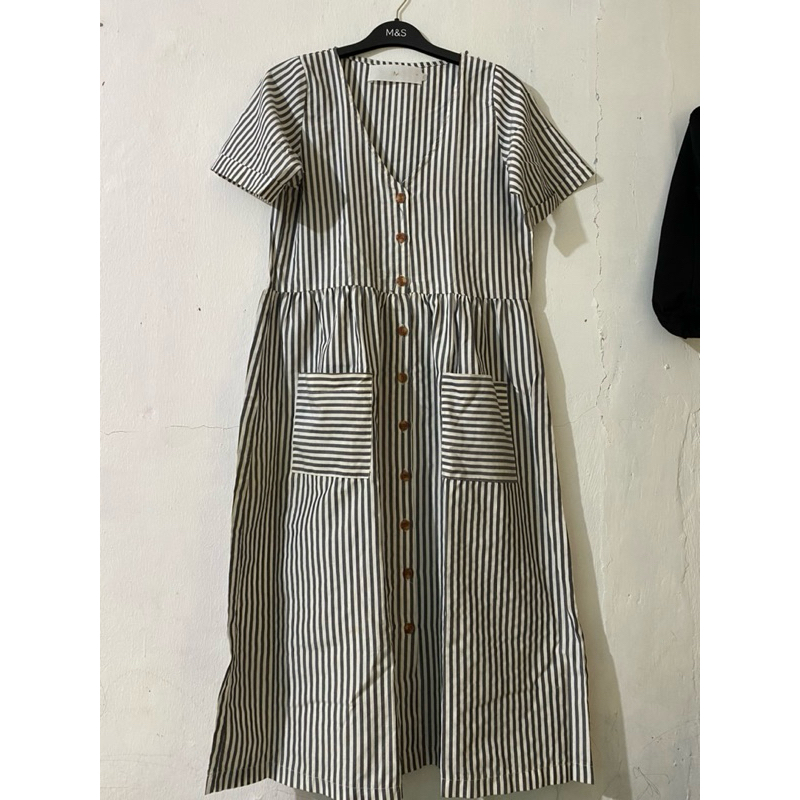 Jual monomolly stripe midi dress salur garis kancing bumil busui | Shopee Indonesia