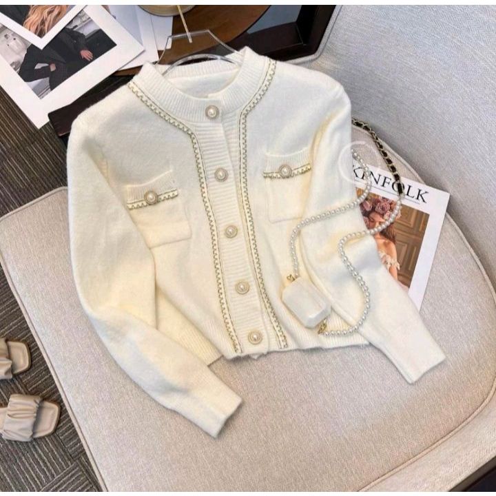 Jual Cardigan Woll Knit Rajut Atasan Wanita List Kancing Mutiara ...