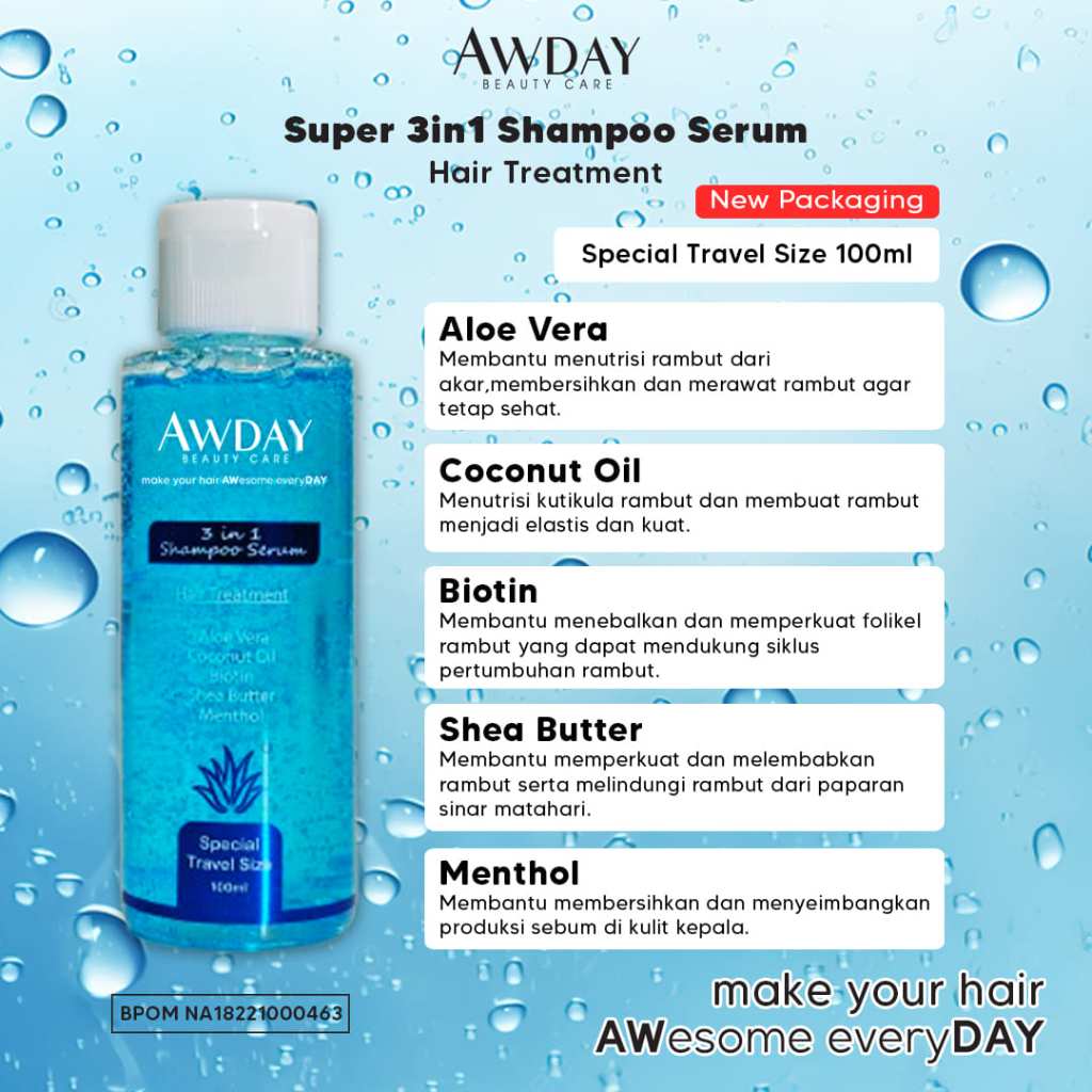 Jual Awday 3in1 Shampoo SPESIAL TRAVEL SIZE Serum Hair Treatment BPOM ...