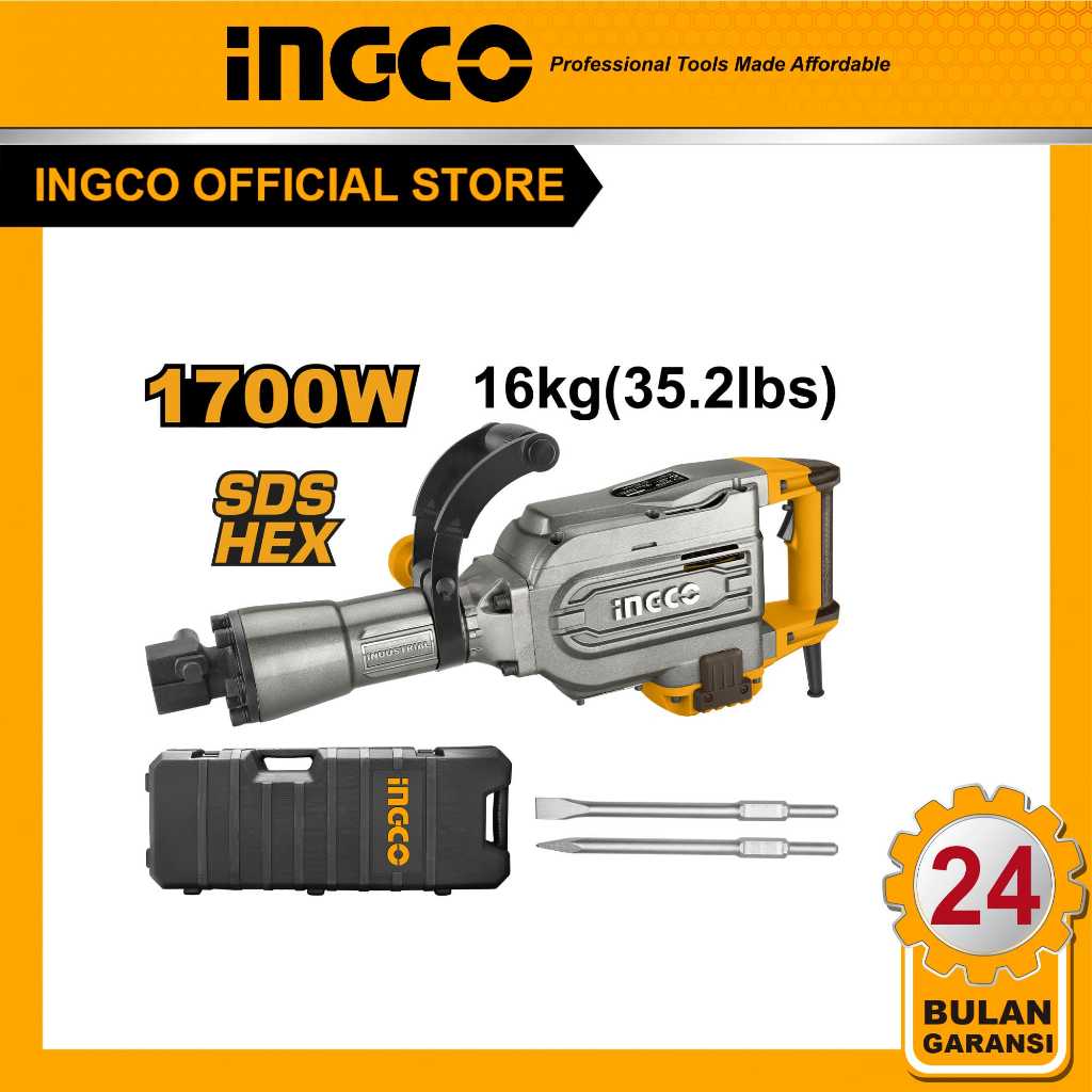 Jual INGCO 1700W Demolition Breaker dengan Chuck HEX Dilengkapi dengan 2 Pcs Chisel untuk ...