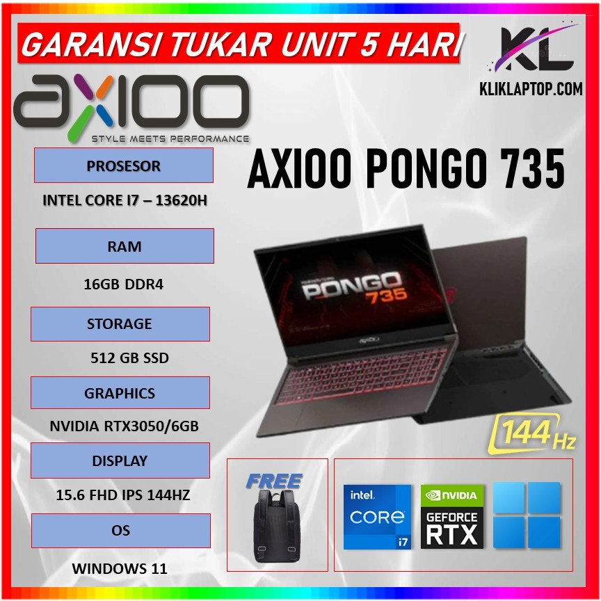 Jual Axioo Pongo 735 i7 13620H RTX3050 6GB/ 16GB 512GB Winodws 11 15.6 ...