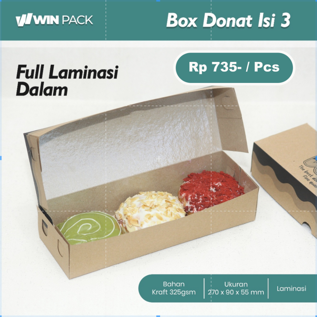 Jual (20 Pcs) Box Donat isi 3 Full Laminasi | 27x9x5,5 | Kraft 325 GSM ...