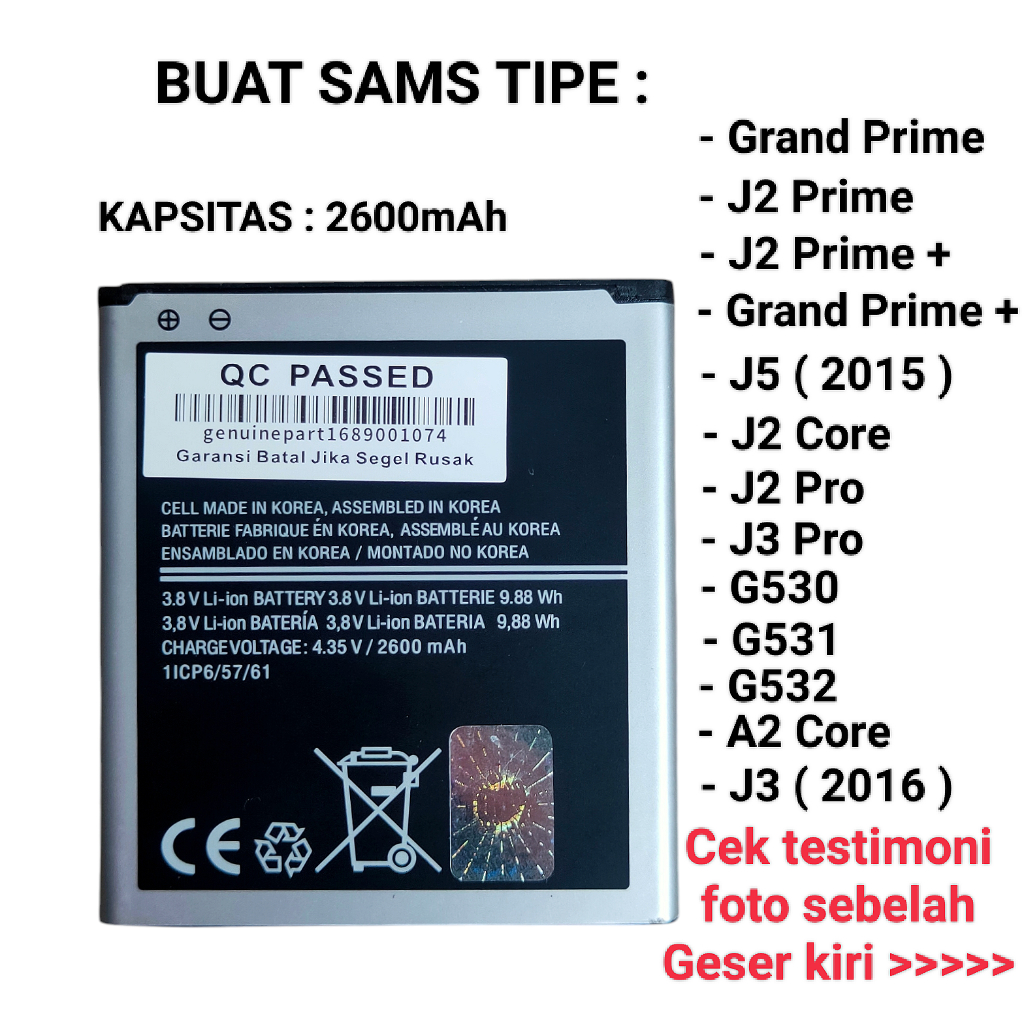 Jual Baterai J2 Prime / J2 Pro / J3 2016 / J5 2015 / Grand Prime / G530 Batre Original Batrai ...