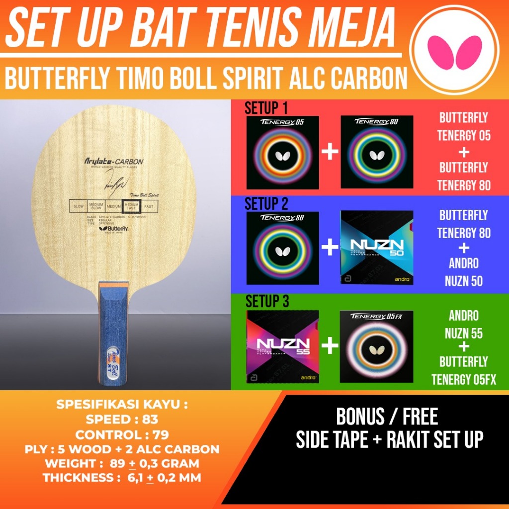 Jual Paket Bat Pingpong Tenis Meja Rakitan Butterfly Timo Boll Spirit ALC Carbon Andro Nuzn ...
