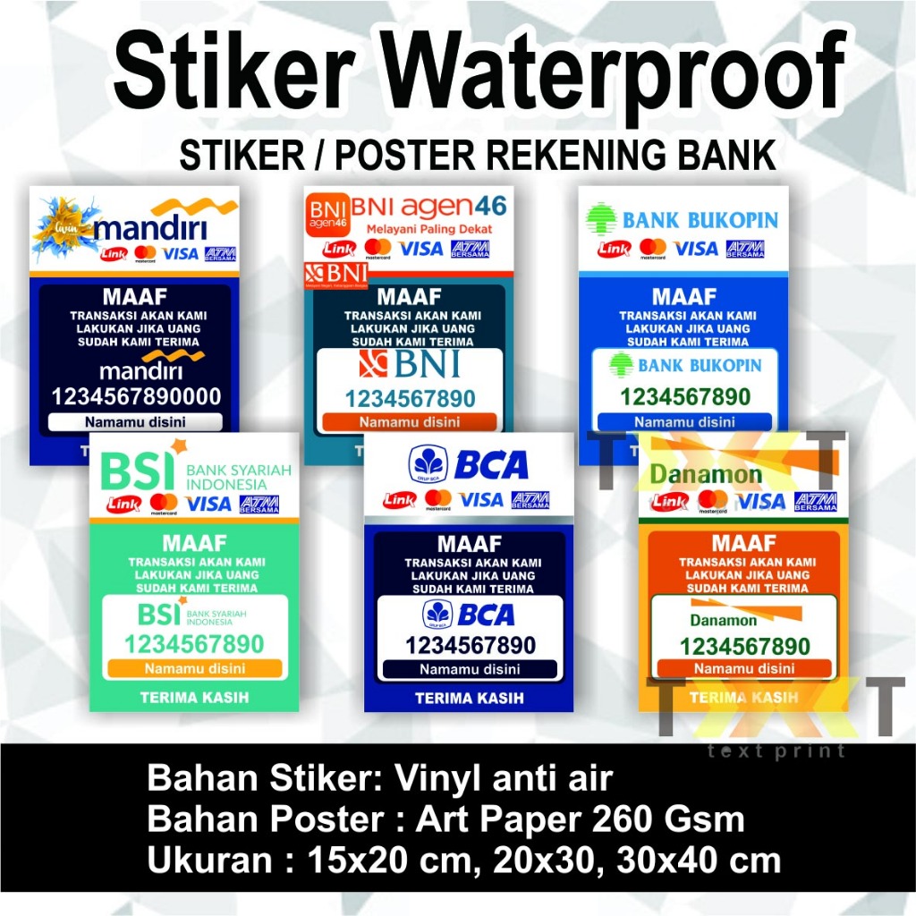 Jual STIKER / POSTER NOMOR REKENING BANK CUSTOM NAMA | Shopee Indonesia