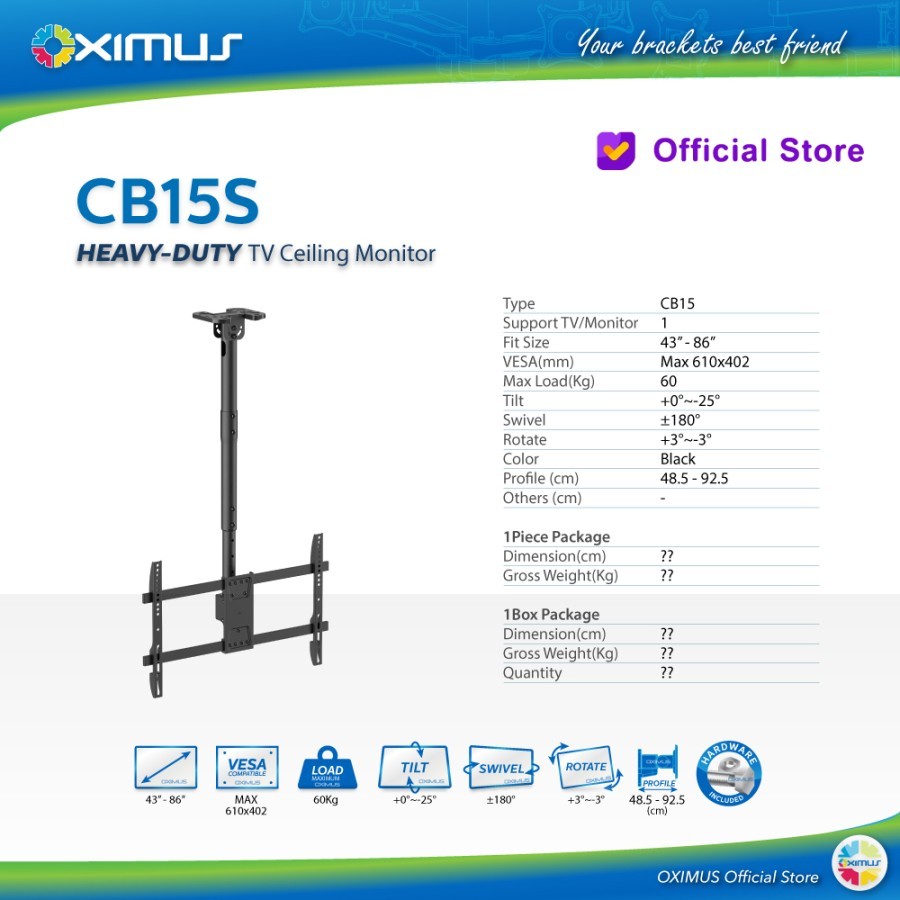 Jual Bracket TV gantung ceiling plafon single dual depan belakang 17-86" Tilt Swivel panjang 1m ...