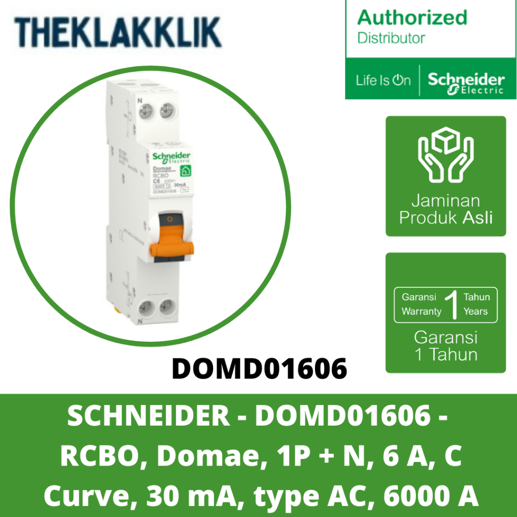 Jual SCHNEIDER - DOMD01606 - RCBO Domae 1P+N - 6A - Curve C - 30mA - Type AC - 6000 A | Shopee ...