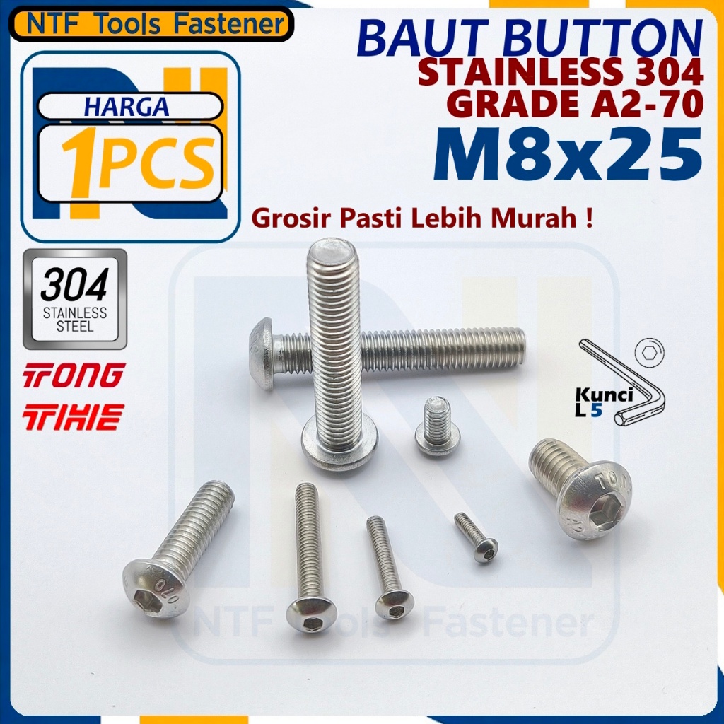Jual Baut Button Kunci L M8x25 STAINLESS STEEL 304 Tahan Karat M8 | Shopee Indonesia