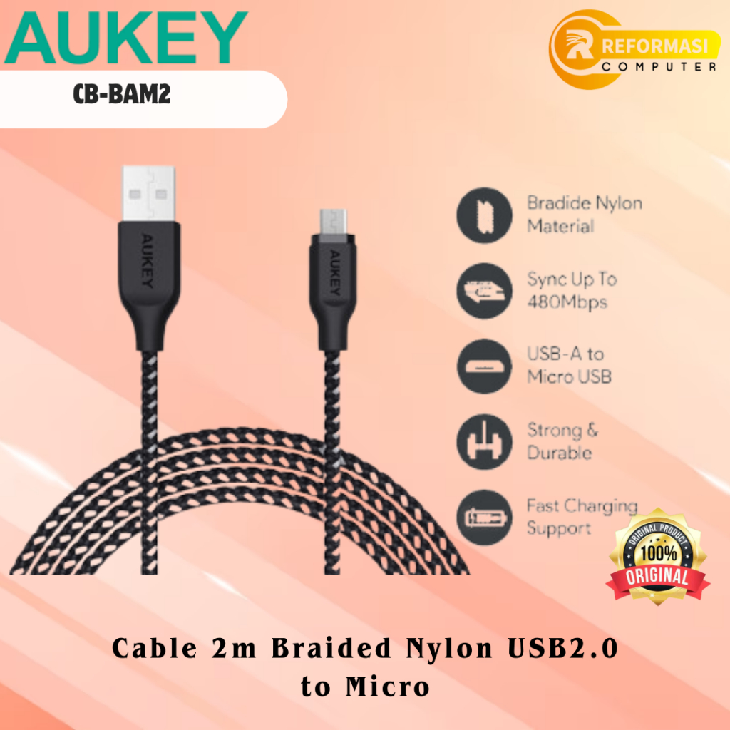 Jual AUKEY Kabel Data Aukey Cable CB-BAM2 2m Braided Nylon USB2.0 to ...