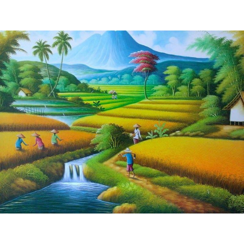 Jual poster cetak, pemandangan pesawahan, hiasan dinding, pemandangan ...