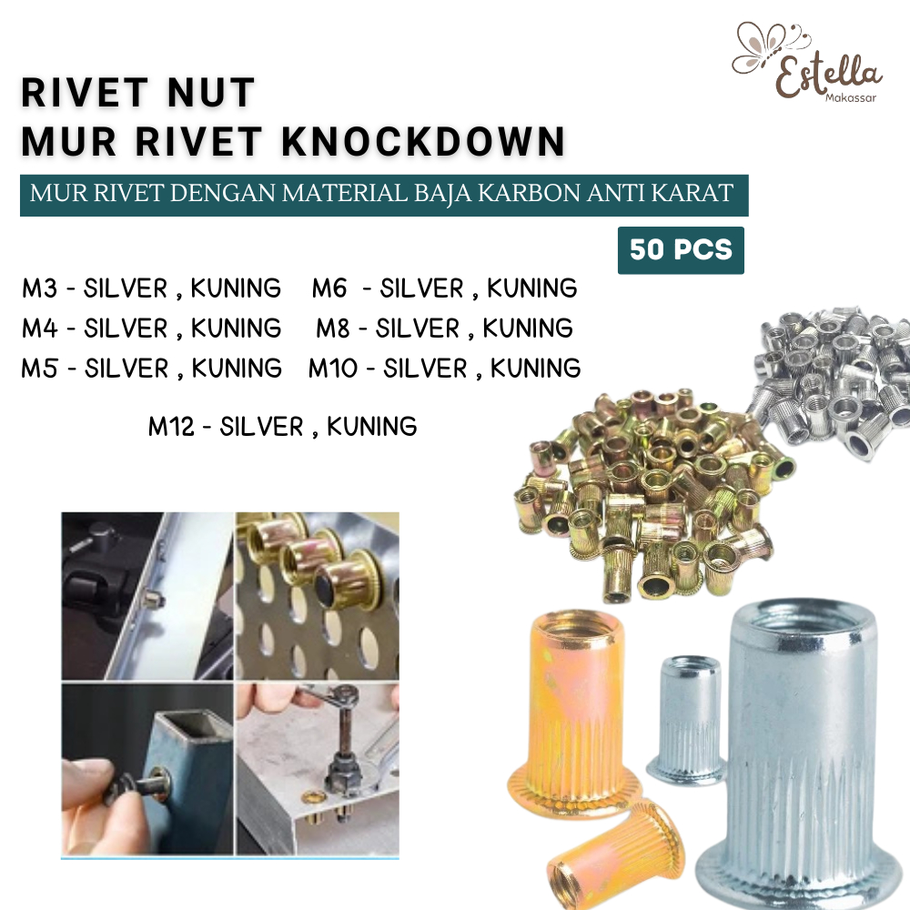 Jual Baut Mur Rivet Nut Rivnut Kuning Besi Carbon Steel Nutsert Tanam insert M3 M4 M5 M8 M10 (50 ...