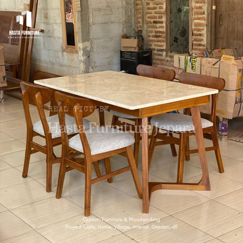 Jual SET MEJA MAKAN MARMER CREAM, 4 KURSI ROPAN MINIMALIS MODEL KEKINIAN - 140x80x75cm | Shopee ...
