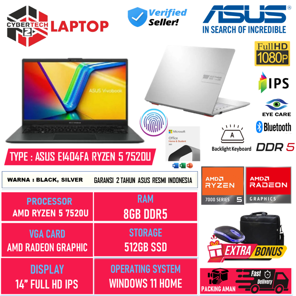 Jual LAPTOP ASUS VIVOBOOK GO 14 E1404FA AMD RYZEN 5 7520U 16GB DDR5 ...