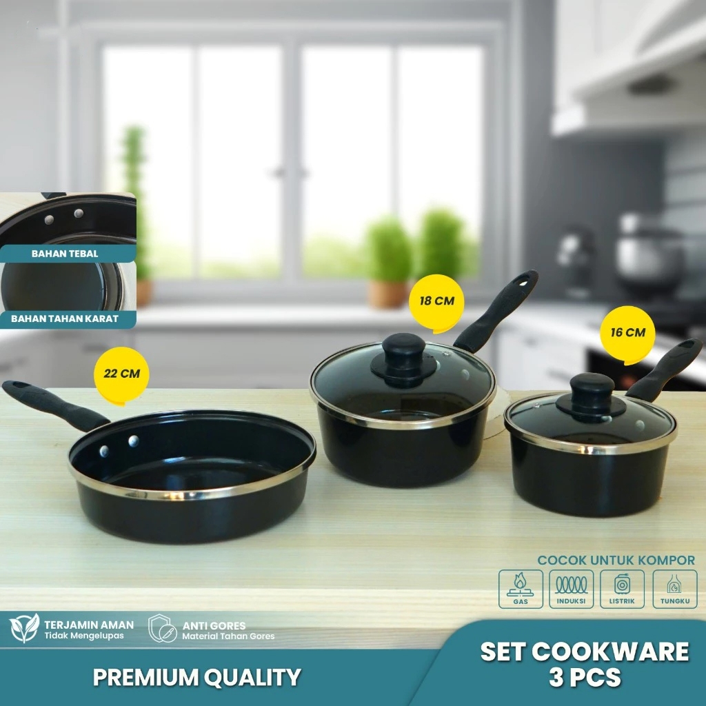 Jual Panci Set 3 IN 1 Anti Lengket Panci Isi 3 Tutup Kaca Panci Set Pot Cookware Set | Shopee ...
