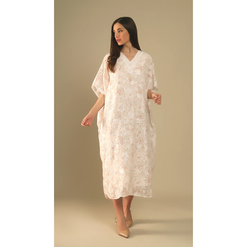 Jual CHIC SIMPLE BEADED NECKLINE SEQ DETAIL FLO PRINT JACQ KAFTAN ...