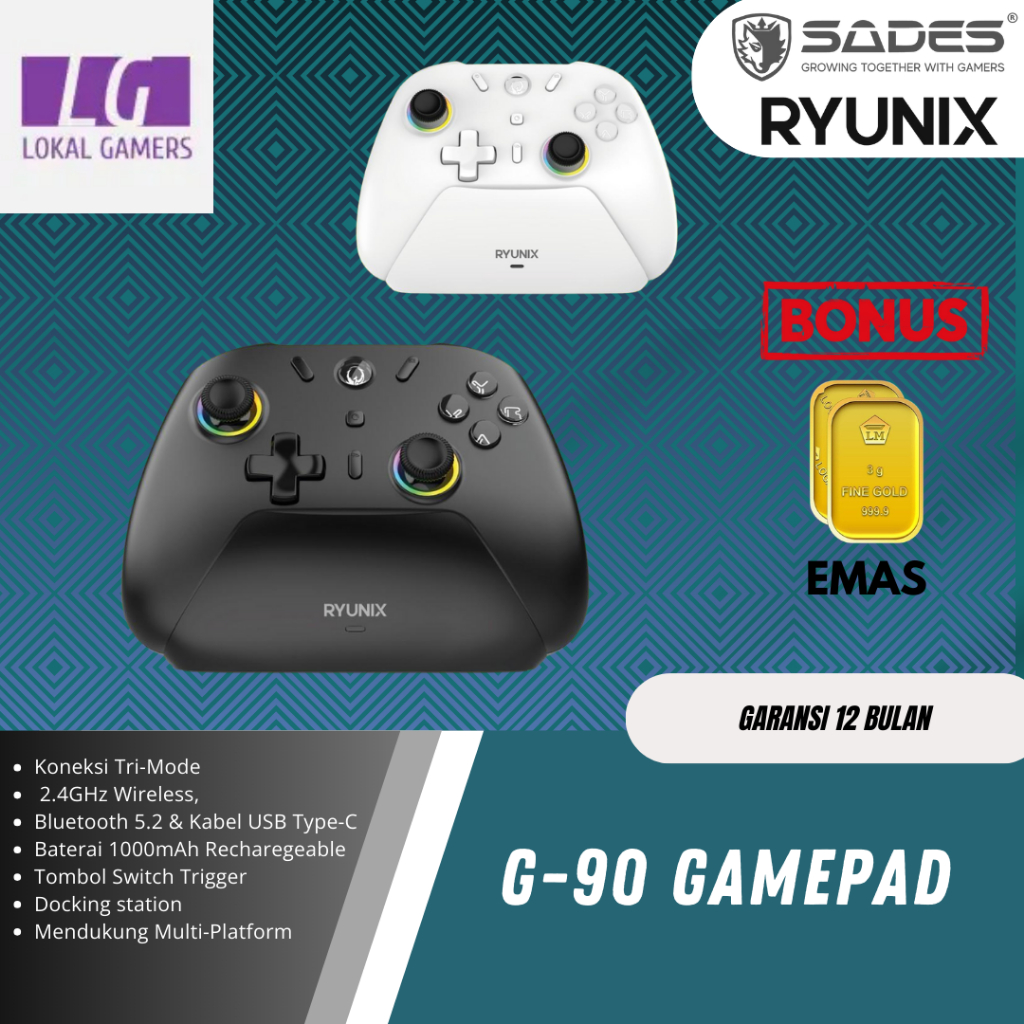 Jual Sades Ryunix G90 / G-90 Gamepad Joystick Gaming Hall Effect Trigger With Docking Charger ...