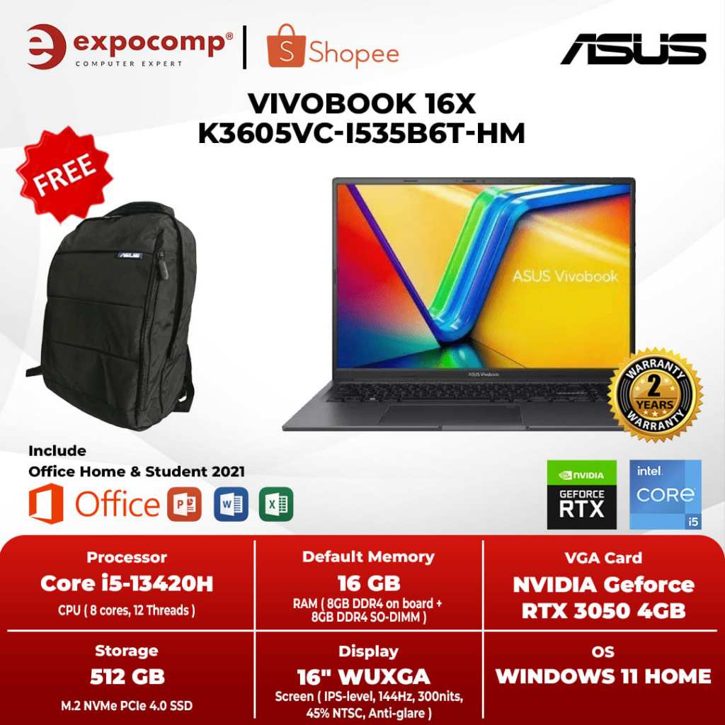 Jual ASUS VIVOBOOK K16 16X K3605VC-I535B6T-HM INTEL CORE I5-13420H 16GB 512GB RTX 3050 4GB GDDR6 ...