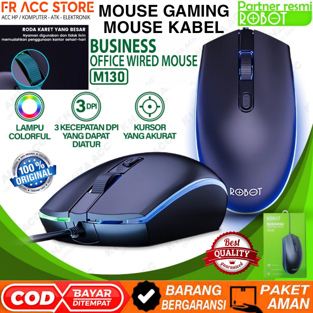Jual Mouse Gaming Kabel ROBOT M130 Mouse Wired 1600DPI Colorful LED 3 ...