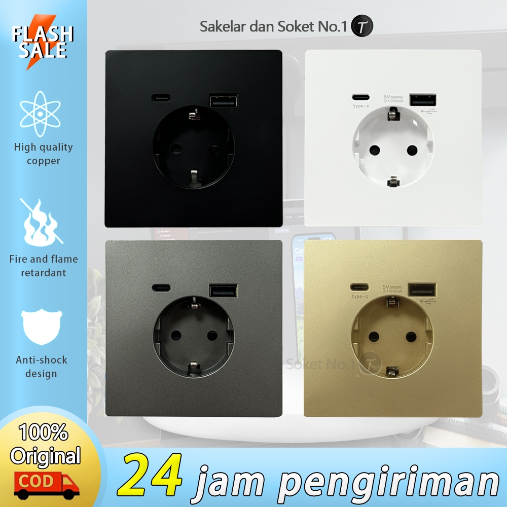 Jual Stop Kontak Dinding EU Plug IB 2Port 1USB + 1TYPE-C Charger HP ...