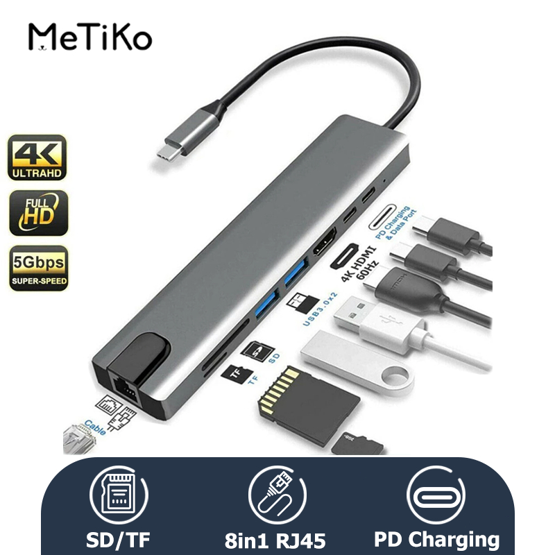 Jual MeTiKo 8IN1 USB HUB CONVERTER Type C Adapter 8in1 Type C 3.1 to USB C 4K HDMI Kabel 100M ...