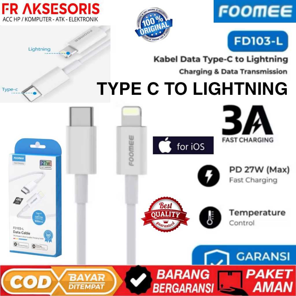 Jual Kabel Iphone To Type C Fast Charging 27W FOOMEE FD103-L, TYPE C to Lightning 27w Fast ...