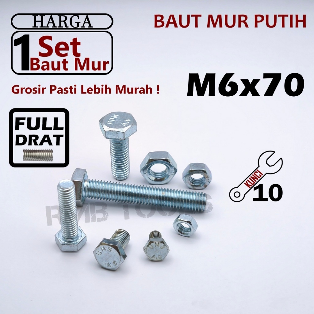 Jual Baut Mur Putih Hex M6x70 Besi GALVANIS BMP Hexagon Kunci 10 M6 | Shopee Indonesia