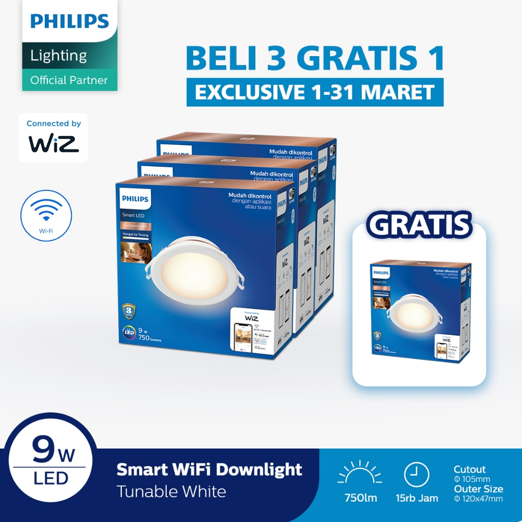 Jual Promo Beli 3 Gratis 1 Philips Lampu Smart WiFi LED Downlight 9W D100 Tunable White | Shopee ...