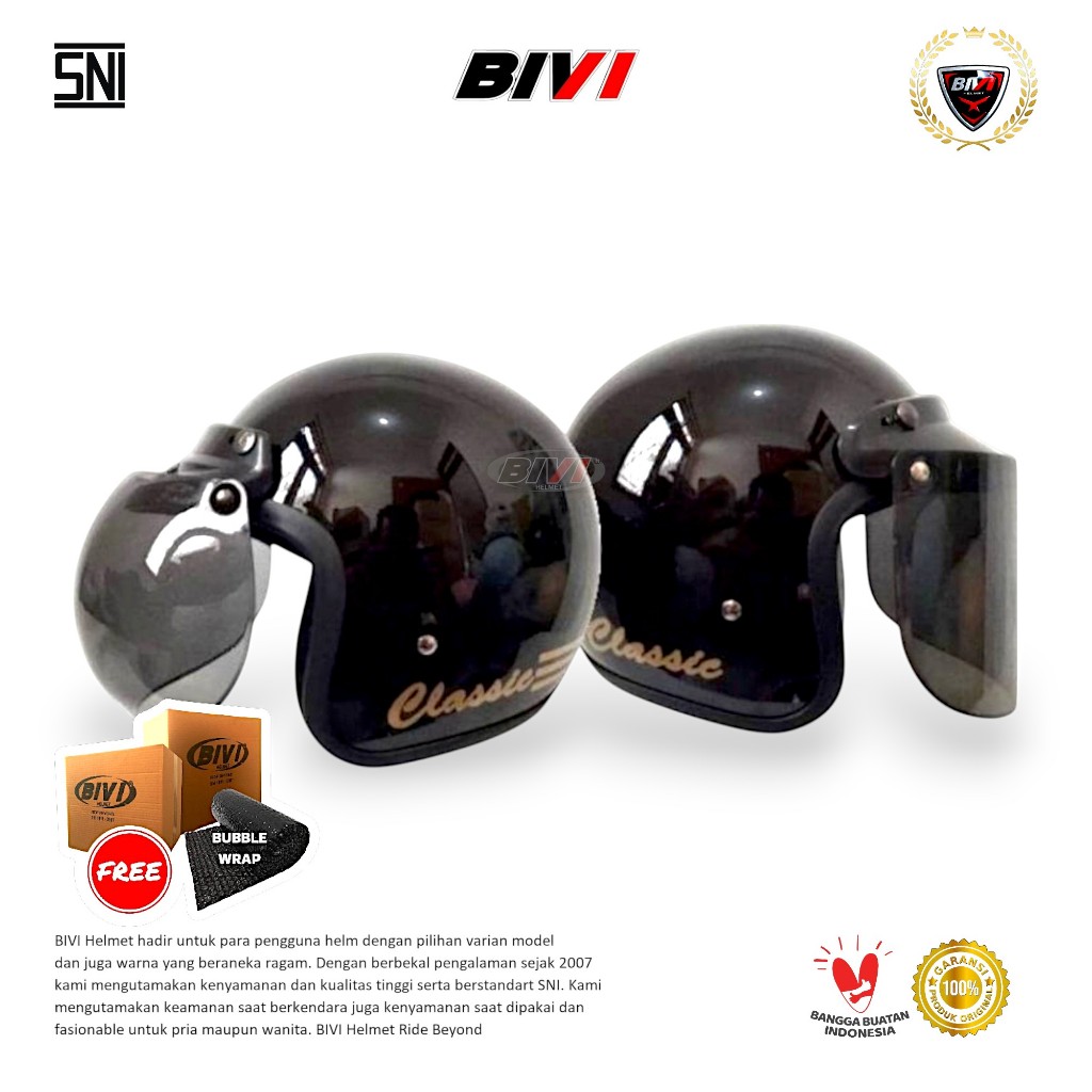 Jual HELM BIVI Bogo Classic Black Glossy + Kaca SNI Retro Half Face Pria Wanita Best Seller ...