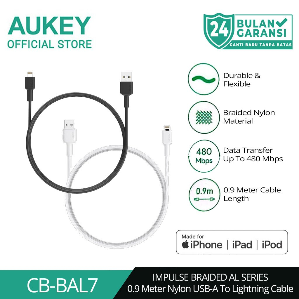 Jual AUKEY Kabel Charger USB-A to Lightning MFI 1 Meter Braided Nylon ...