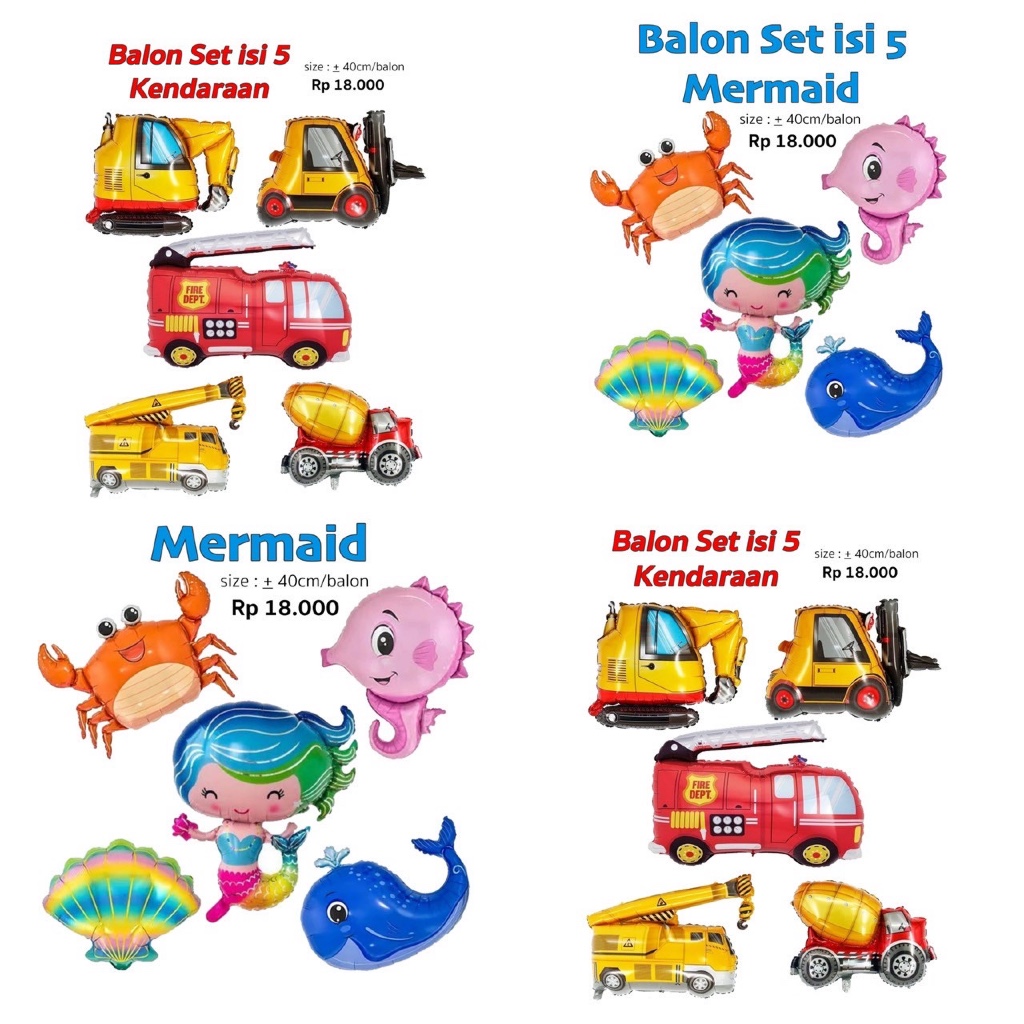 Jual balon set isi 5 kendaraan / tema laut / mermaid truk proyek balon ...