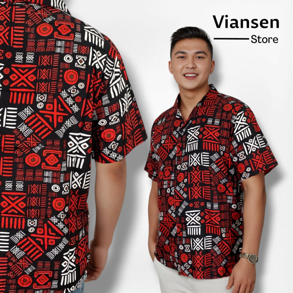 Jual Kemeja Rayon Pria Motif Etnik Tribal Hitam – Baju Santai Adem ...