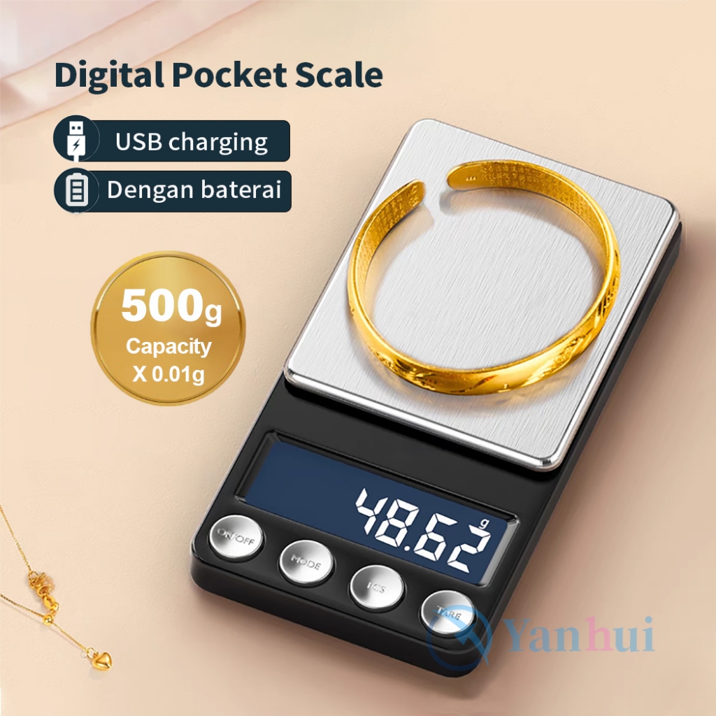 Jual Timbangan Digital Mini 500gr Akurasi 0.01g USB Rechargeable Pocket ...