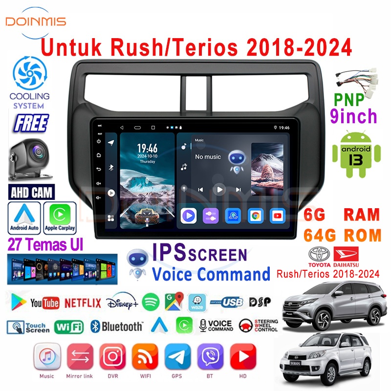 Jual LALHOO Untuk Rush/Terios 2018-2024|6G+64G Android 13 Head Unit 9 Inch IPS Screen Termasuk ...
