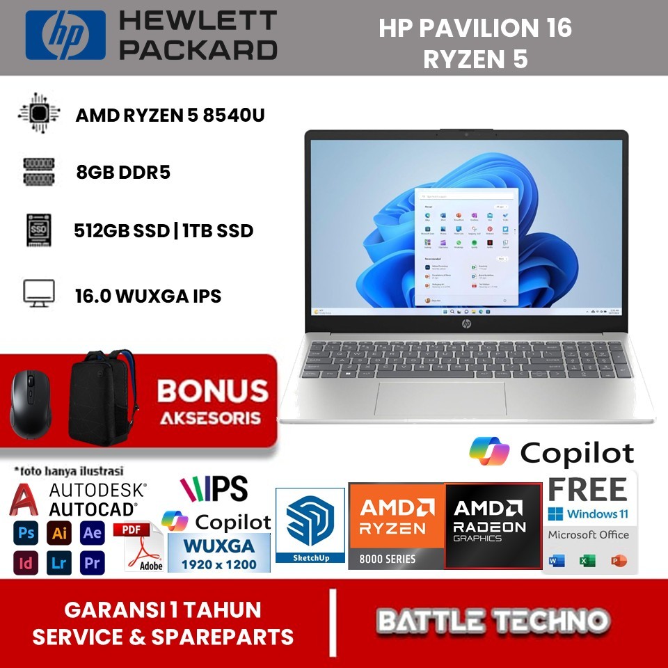 Jual Laptop HP Pavilion 16 AMD Ryzen 5 8540U 8GB 512GB WUXGA IPS Backlit Windows 11 Home ...