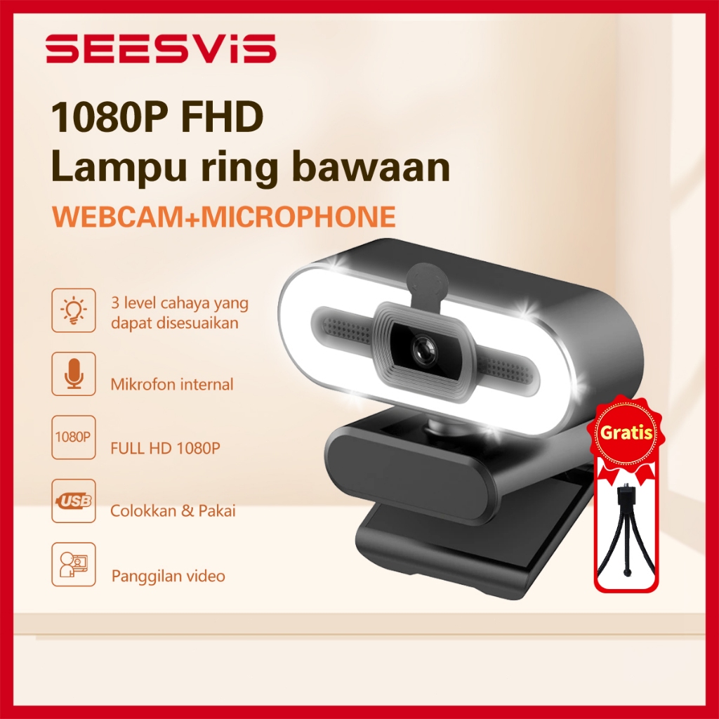Jual SEESViS Webcam Laptop 1080P Kamera Live Streaming 3 LED Ring Light ...