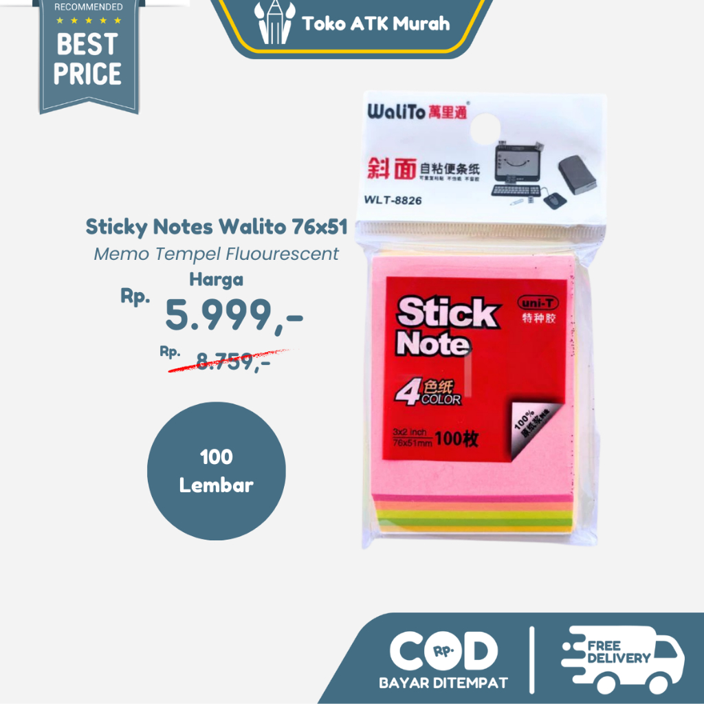 Jual Memo Tempel Fluourescent Sticky Notes Walito 76x51 WLT-8826 100 ...