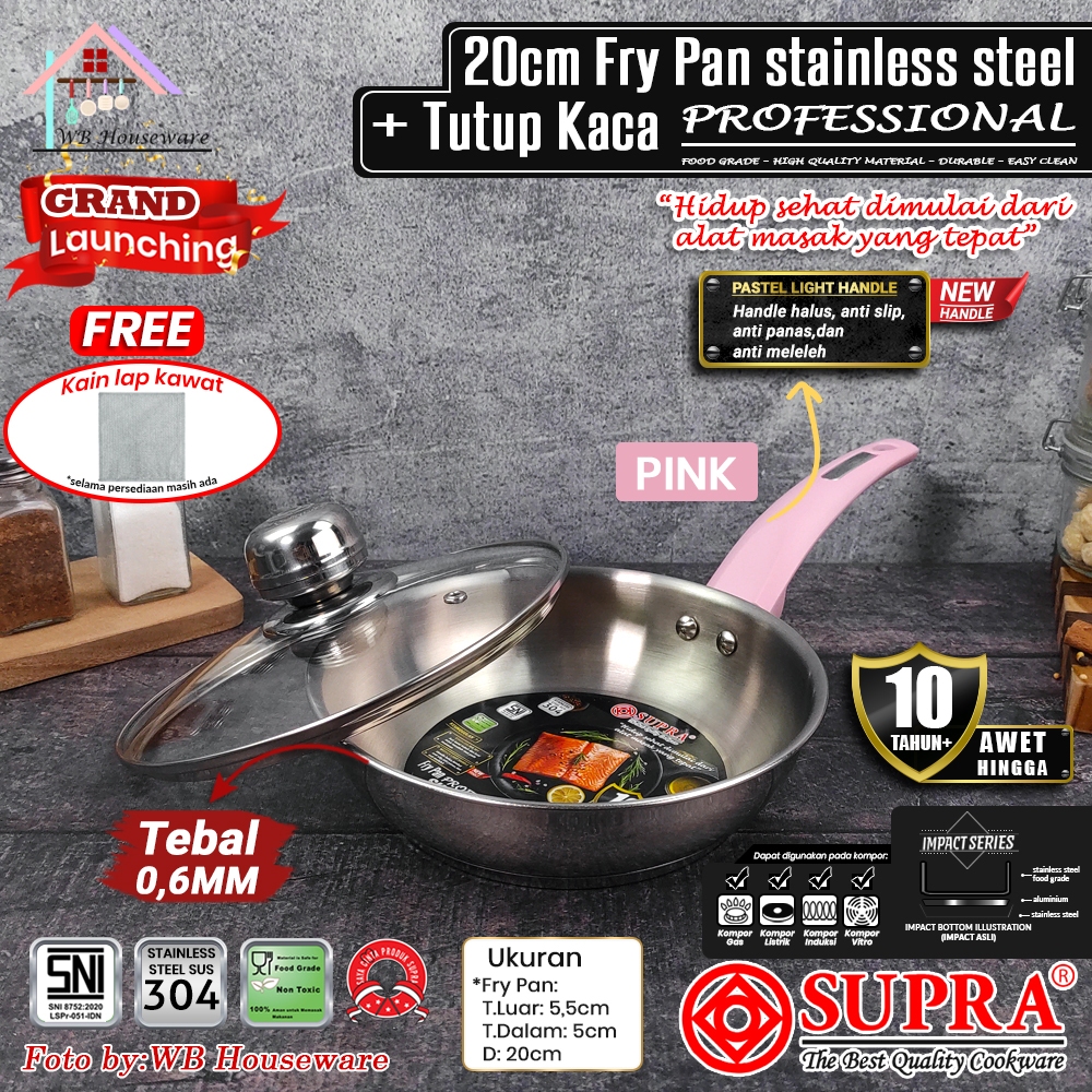 Jual SUPRA Panci Fry pan 20cm + tutup kaca viliron stainless SUS 304 professional series handle ...