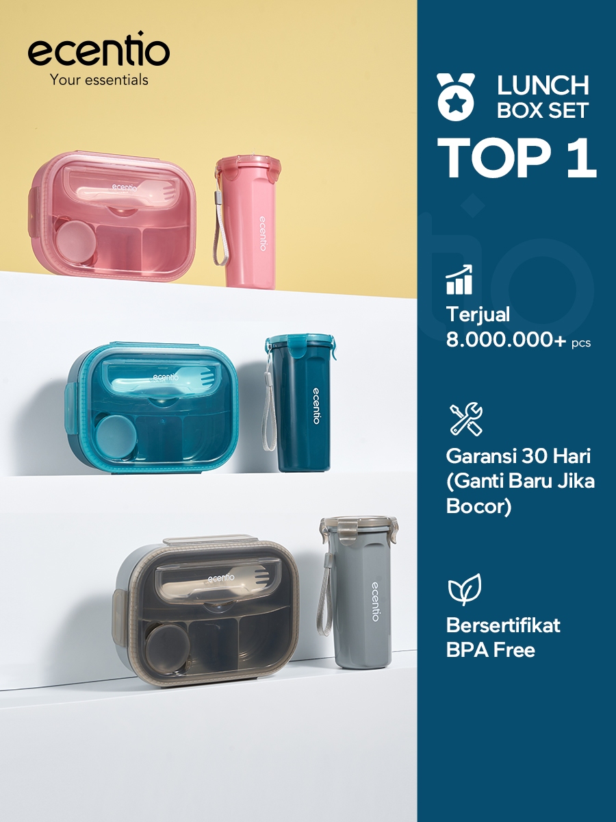 Jual ecentio kotak bekal anti tumpah kotak tempat bekal 1200ml+500ml lunch box set free sendok ...