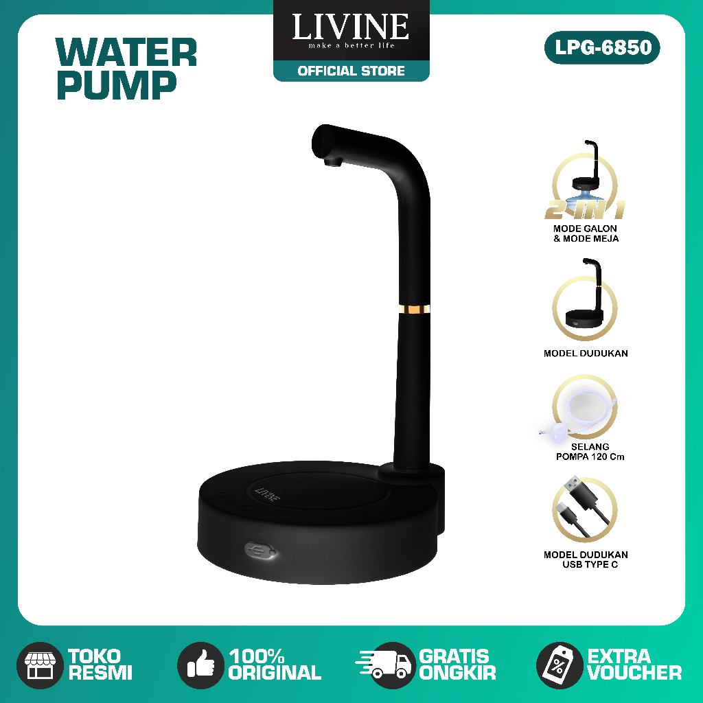 Jual LIVINE Pompa Air Galon Meja 2 in 1 Rechargeable 1500mAh, Selang ...