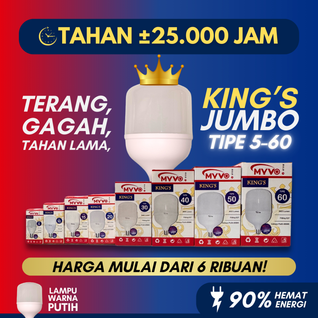 Jual Lampu Tabung Jumbo LED King Tipe 60/50/40/30/20/15/10/5 Myvo Putih Terang Awet | Shopee ...
